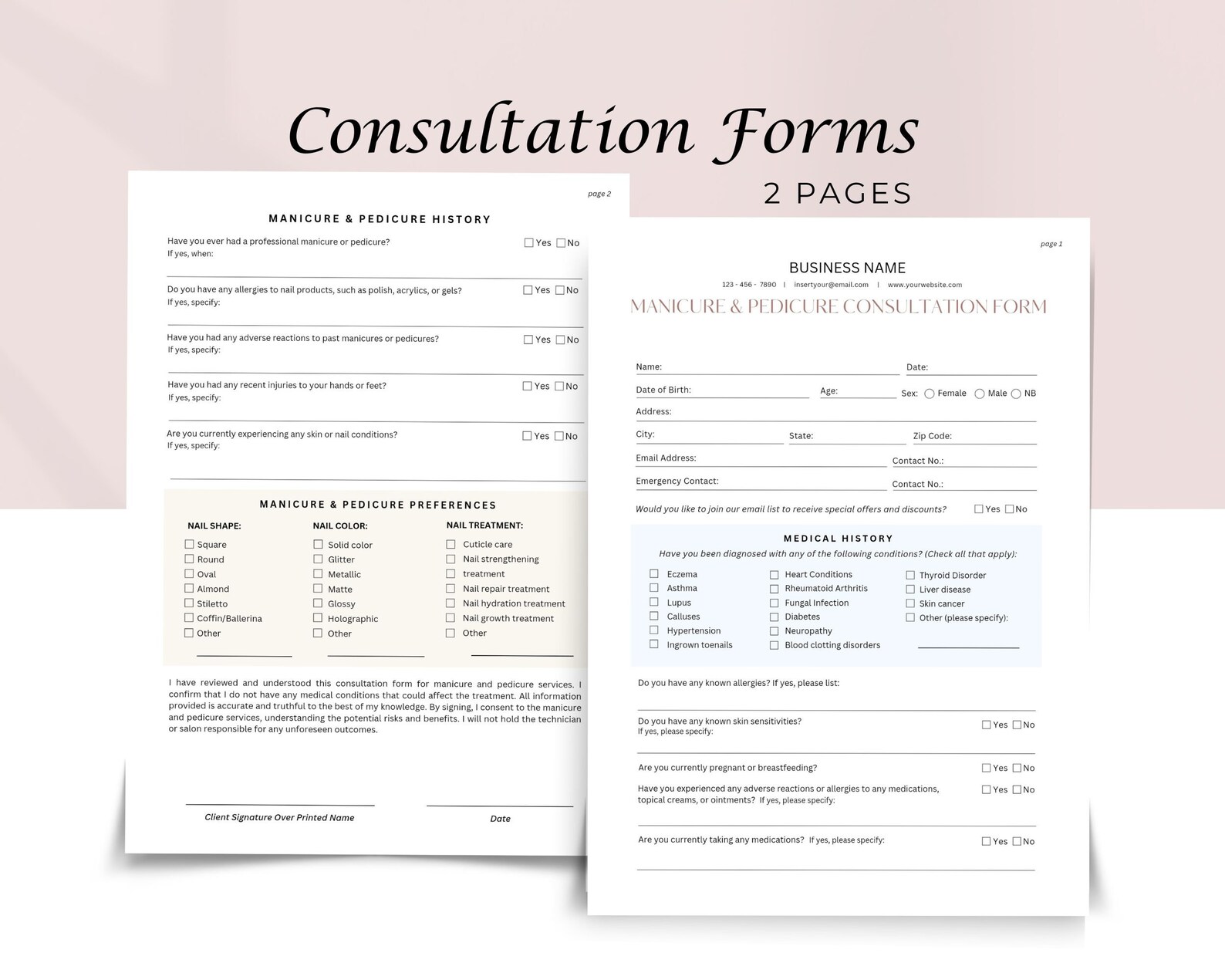Editable Nail Forms, Nail Consultation, Pedicure Forms, Nail Aftercare ...