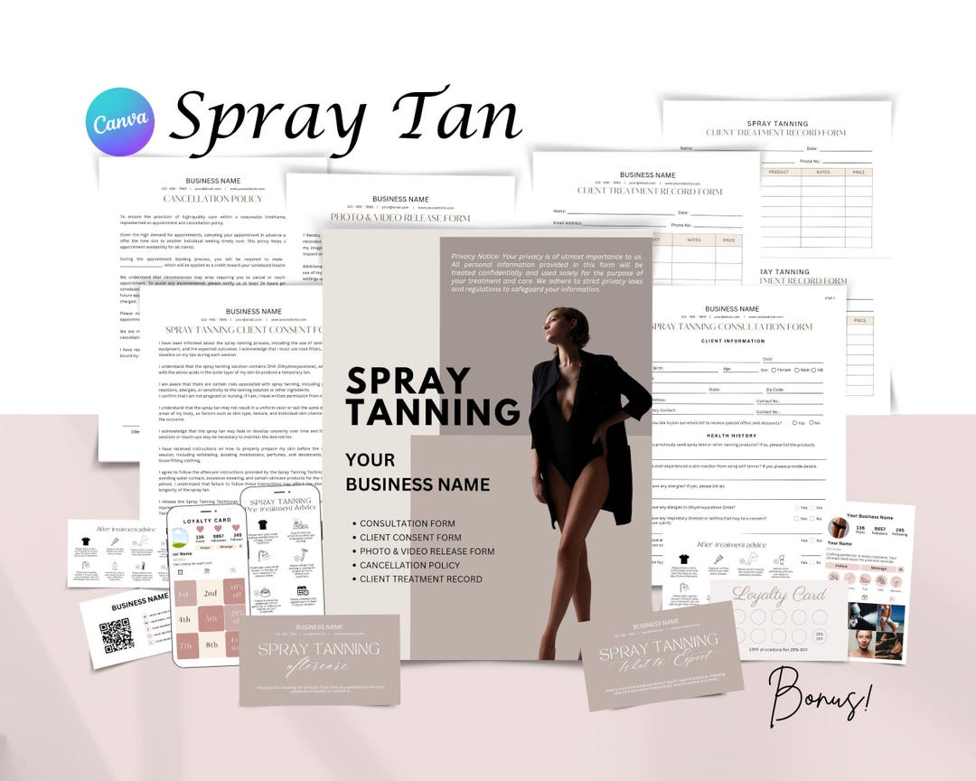 Spray Tanning Forms, Consultation Form, Client Consent Form, Aftercare ...
