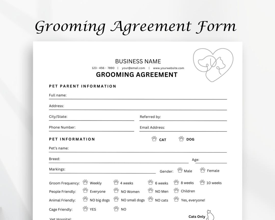 Grooming Agreement Form, Printable Form, Dog and Cat Grooming Agreement ...
