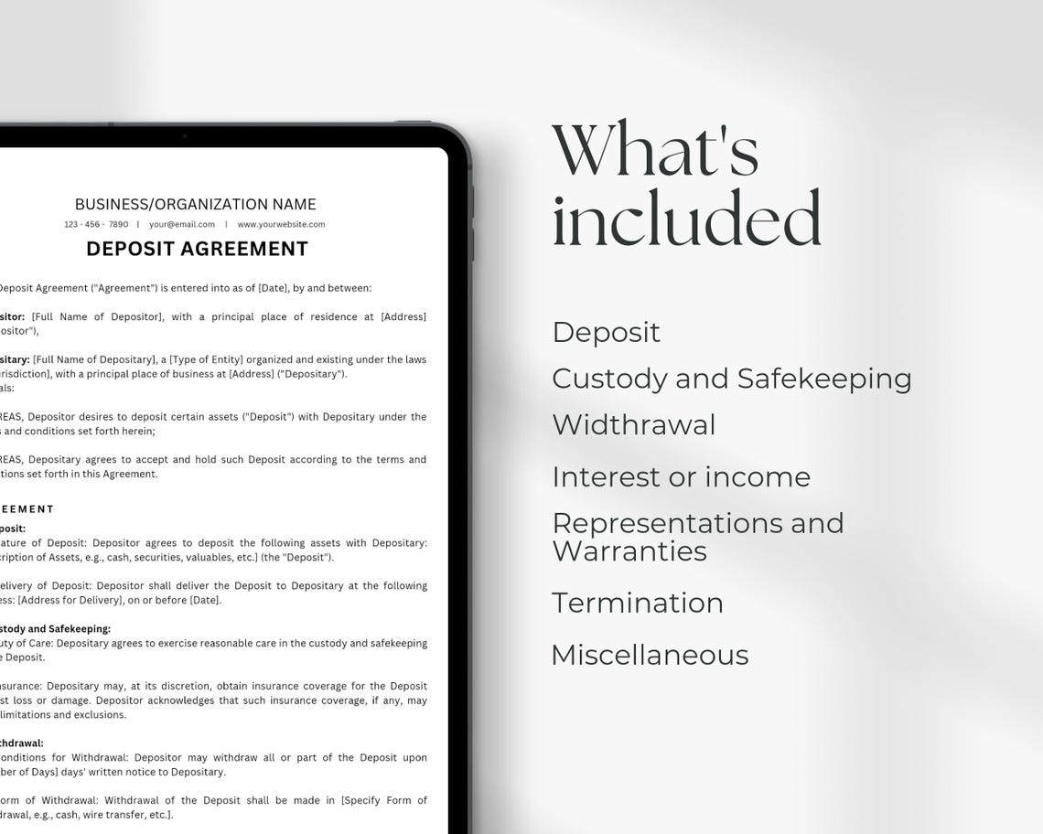 Deposit Agreement Form, Printable Form, Editable Contract Template ...