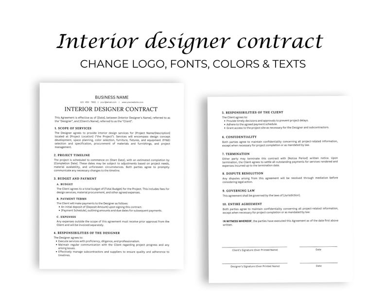 Interior Designer Client Contract Forms, Service Contract, Minimalist ...