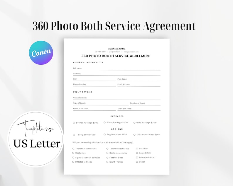 360 Photo Booth Contract Form, Service Agreement, Contract Printable ...