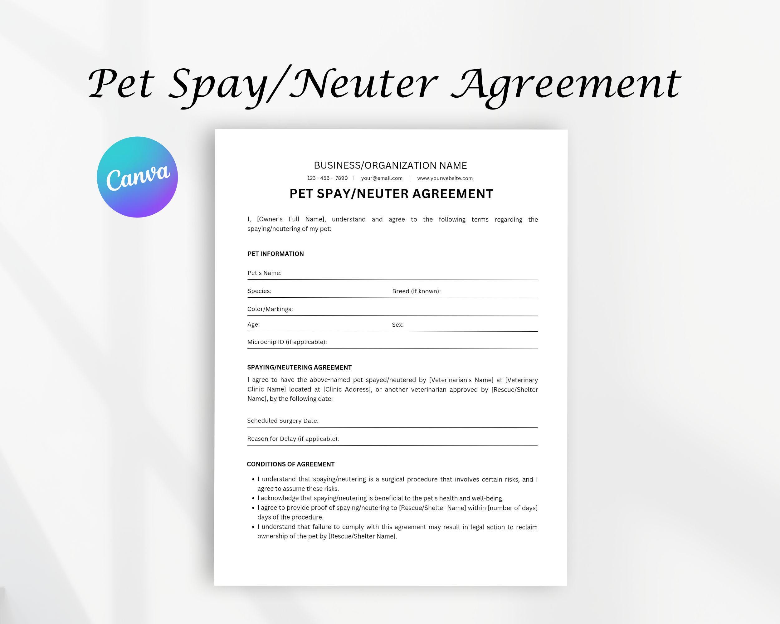 Pet Spay or Neuter Agreement Form, Neuter Agreement Printable Form ...