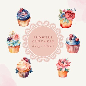 Watercolor Cupcakes With Flowers Clipart | Desserts PNG Commercial Use ...