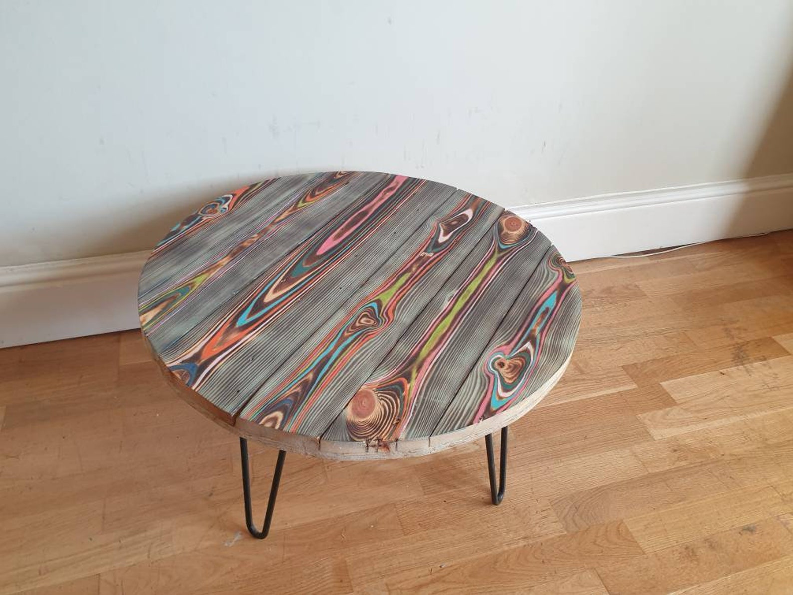 Retro Round Painted Reclaimed Wood Side Table or Coffee Table | Etsy