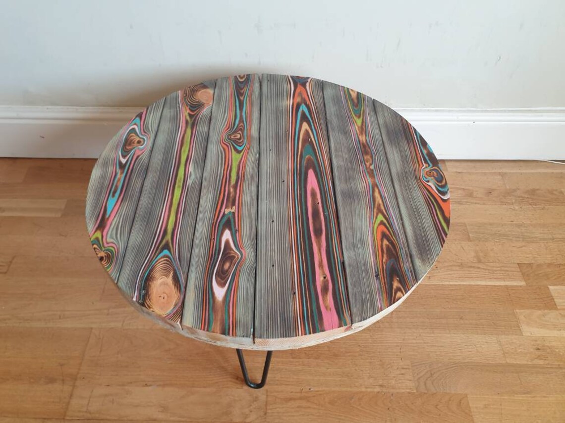 Retro Round Painted Reclaimed Wood Side Table or Coffee Table | Etsy