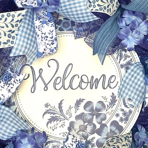 Blue and White Welcome Wreath, Floral Ribbon Door Decor - Etsy