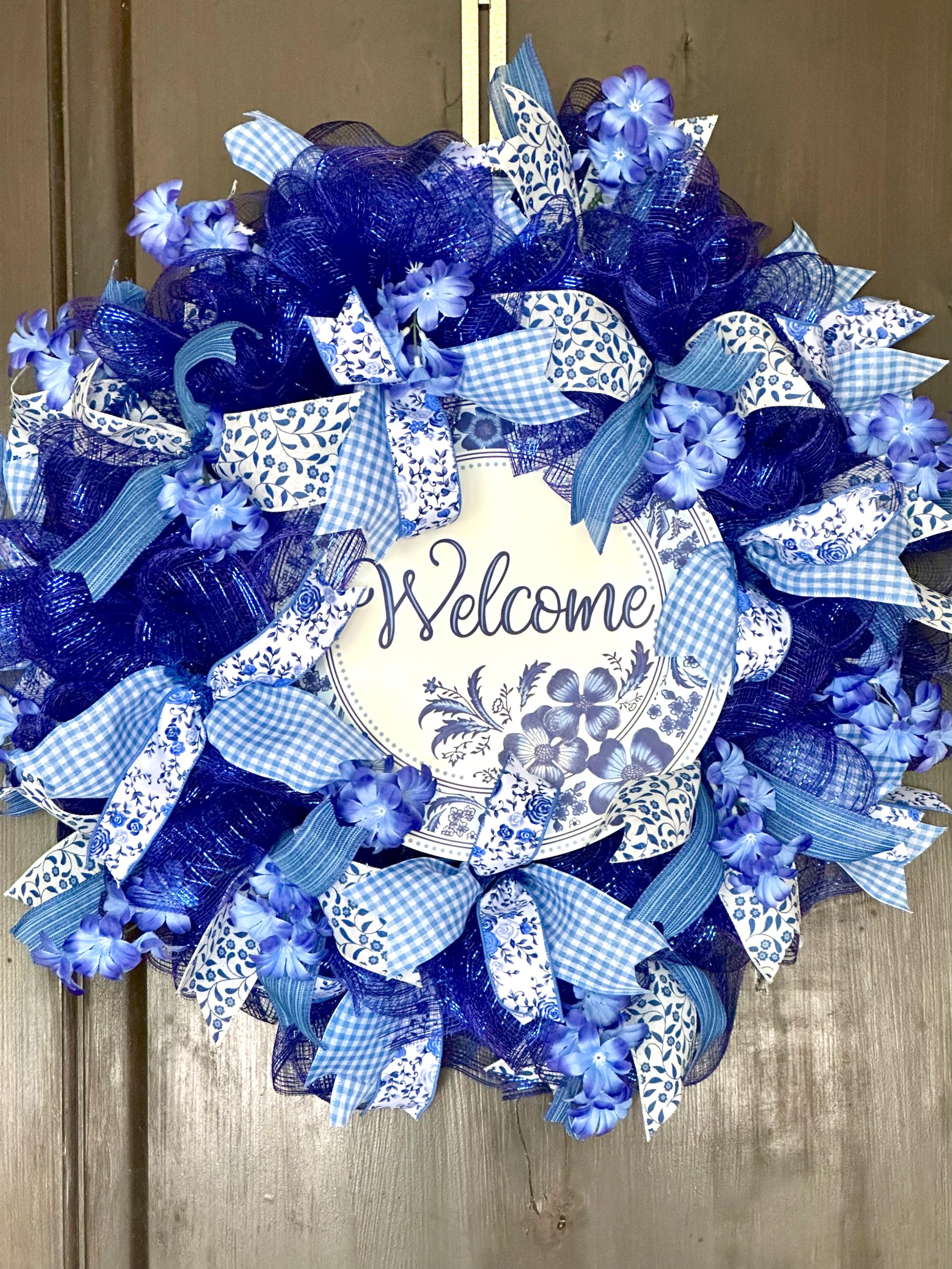 Blue and White Welcome Wreath, Floral Ribbon Door Decor - Etsy