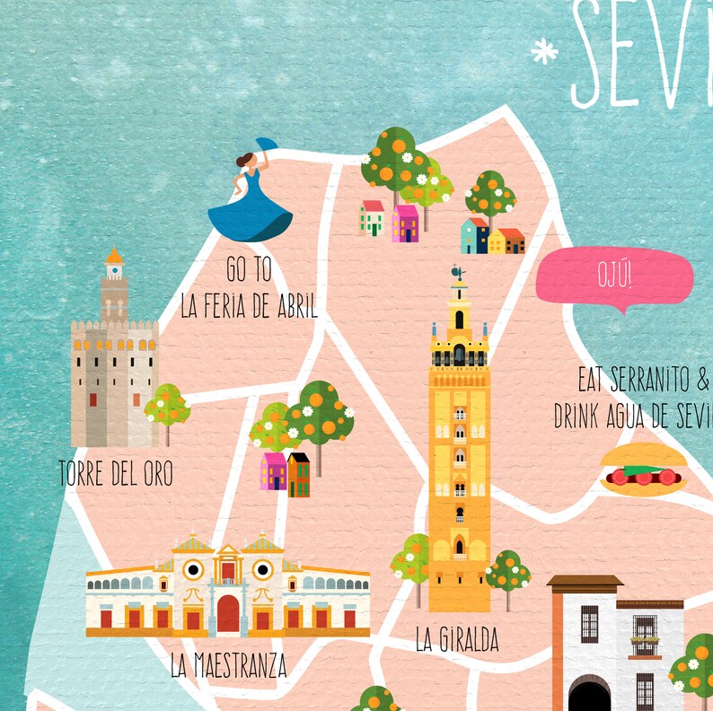 Illustrated Map of Sevilla. Sevilla Print. Sevilla Map. - Etsy