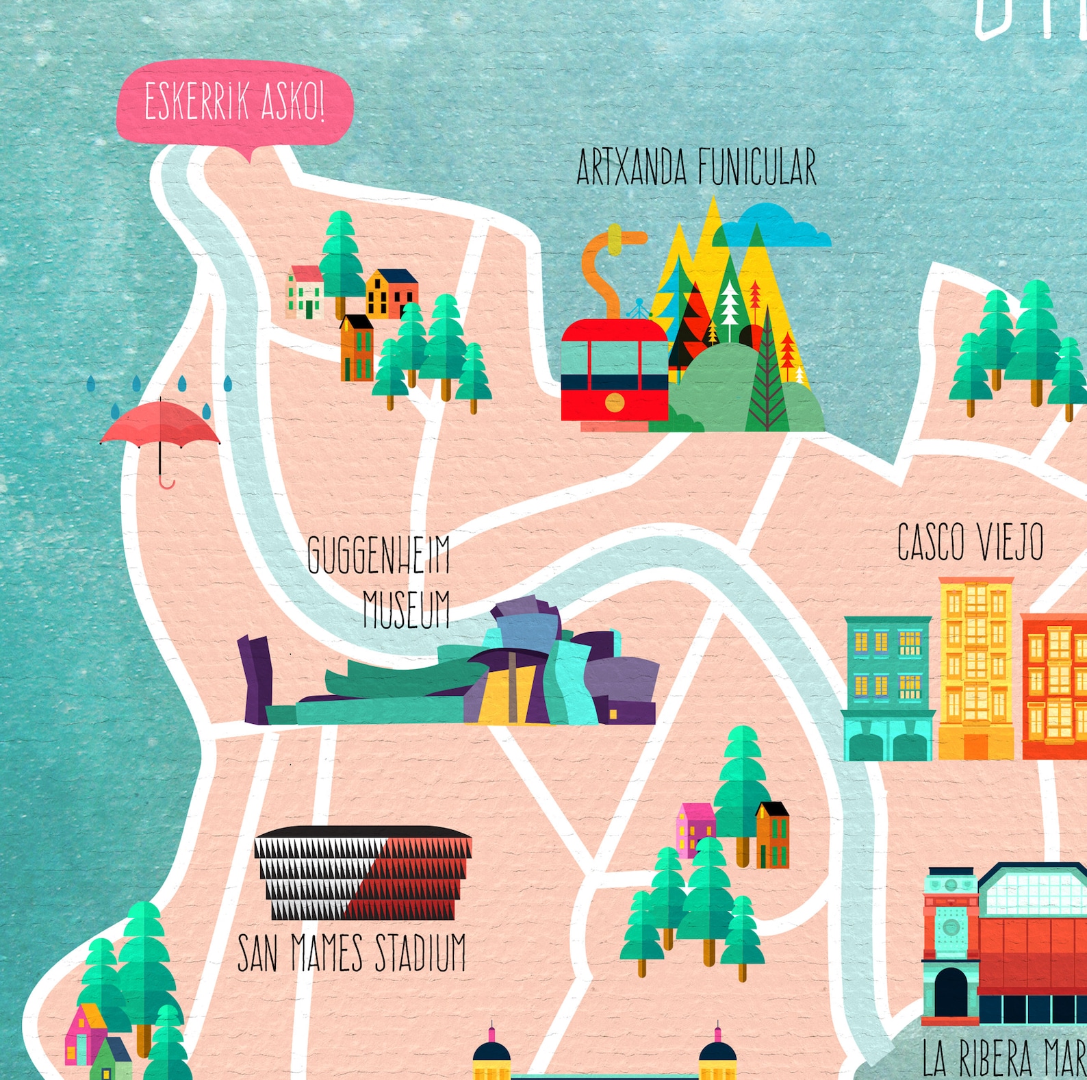 Illustrated Map of Bilbao. Bilbao Print. Bilbao Map. Wallart. | Etsy