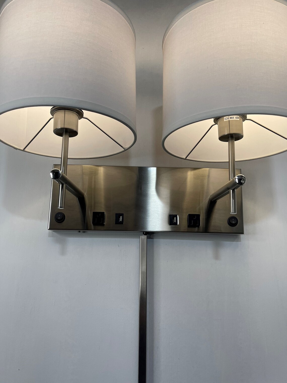 Bedside Double Wall Lamp Brushed Nickel Finish White Shades | Etsy