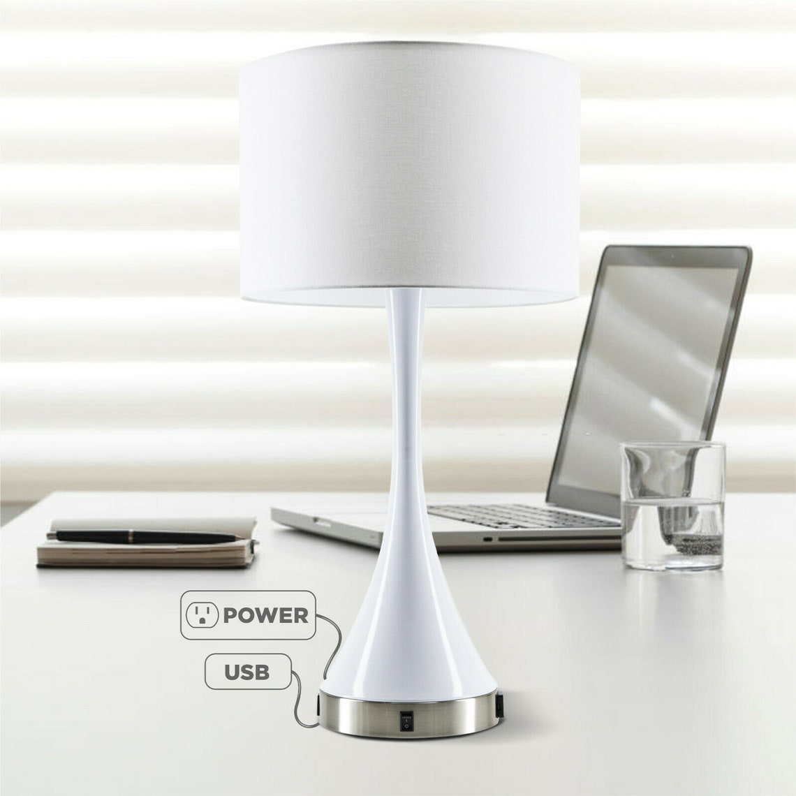 Elegant White Table Desk Lamp with Built in USB Port and | Etsy