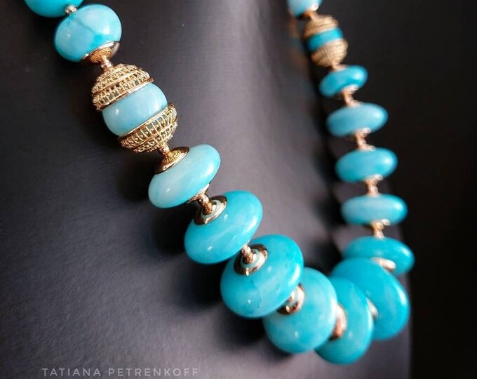 Sky Blue Peruvian Opal Gold Necklace, Multi Strand Bracelets, Sky Blue ...