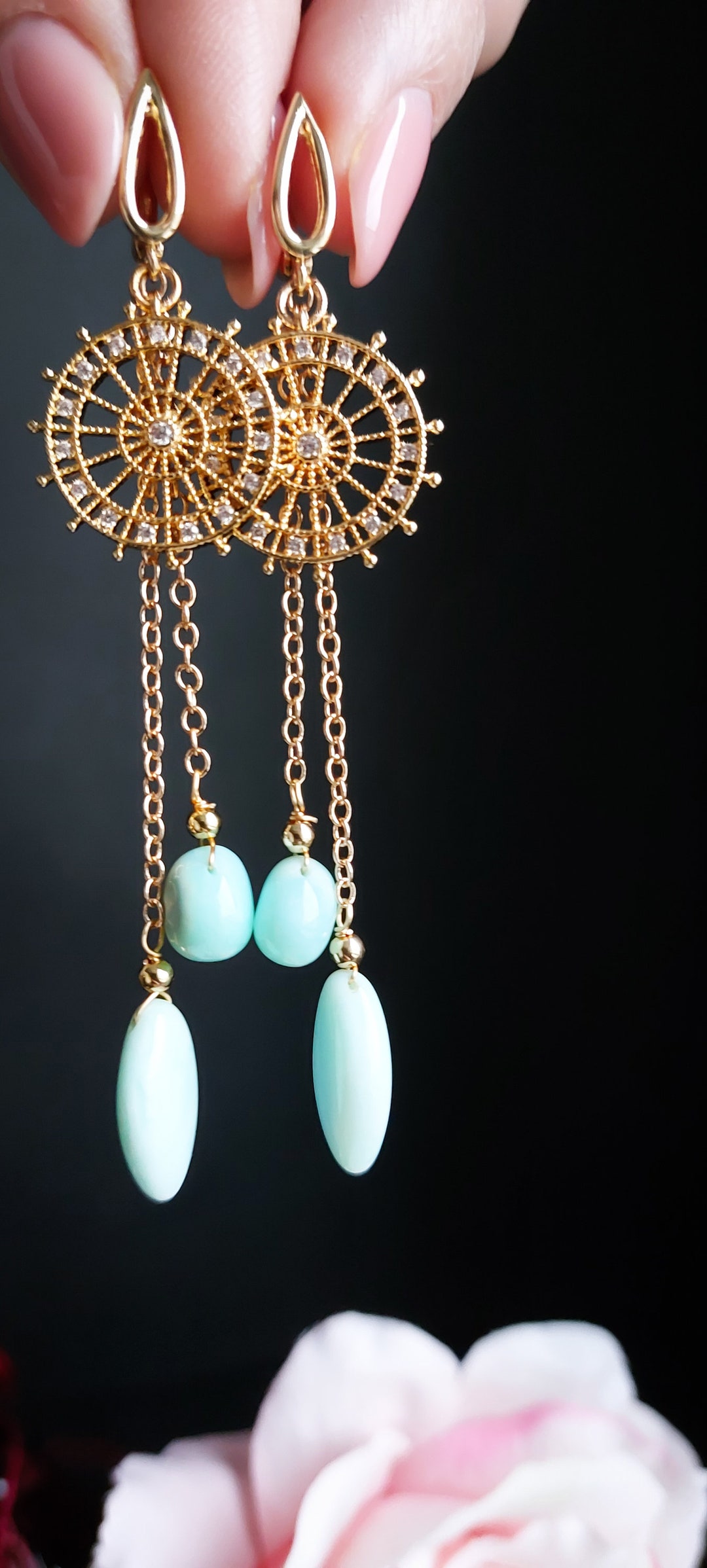 Peru Blue Opal Golden Earrings, Gold 24K, Semi Precious Gemstone ...