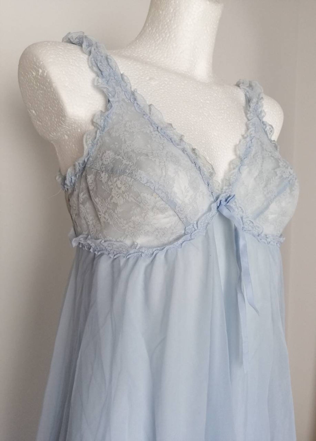 Vintage 80s Long Night Dress, Pyjama, Blue, Baby Blue, Retro, Romantic ...