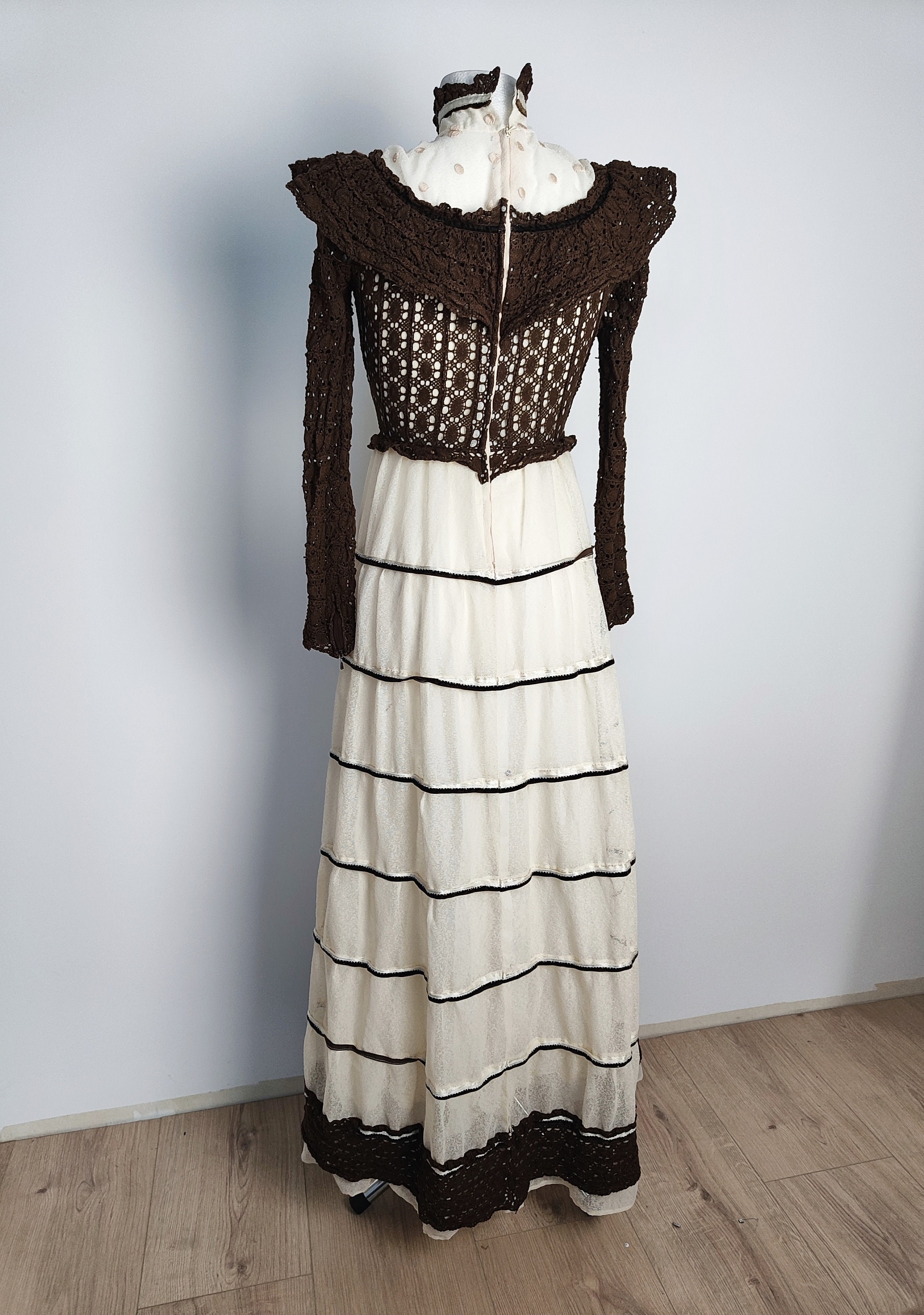 Vintage 70s Dress, Victorian, Brown, Cream, Frills, Prairie, Lace, Size ...