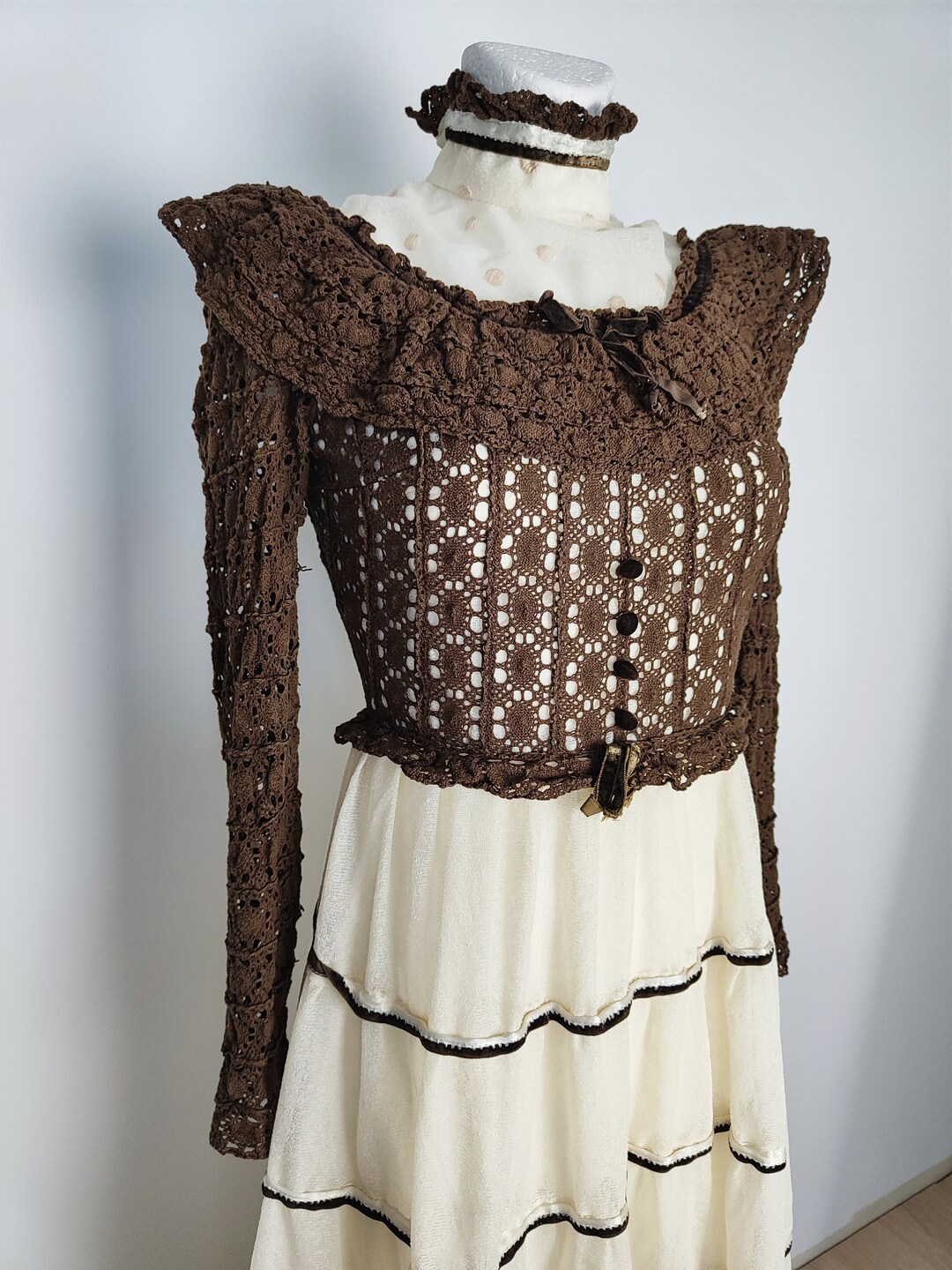 Vintage 70s Dress, Victorian, Brown, Cream, Frills, Prairie, Lace, Size ...