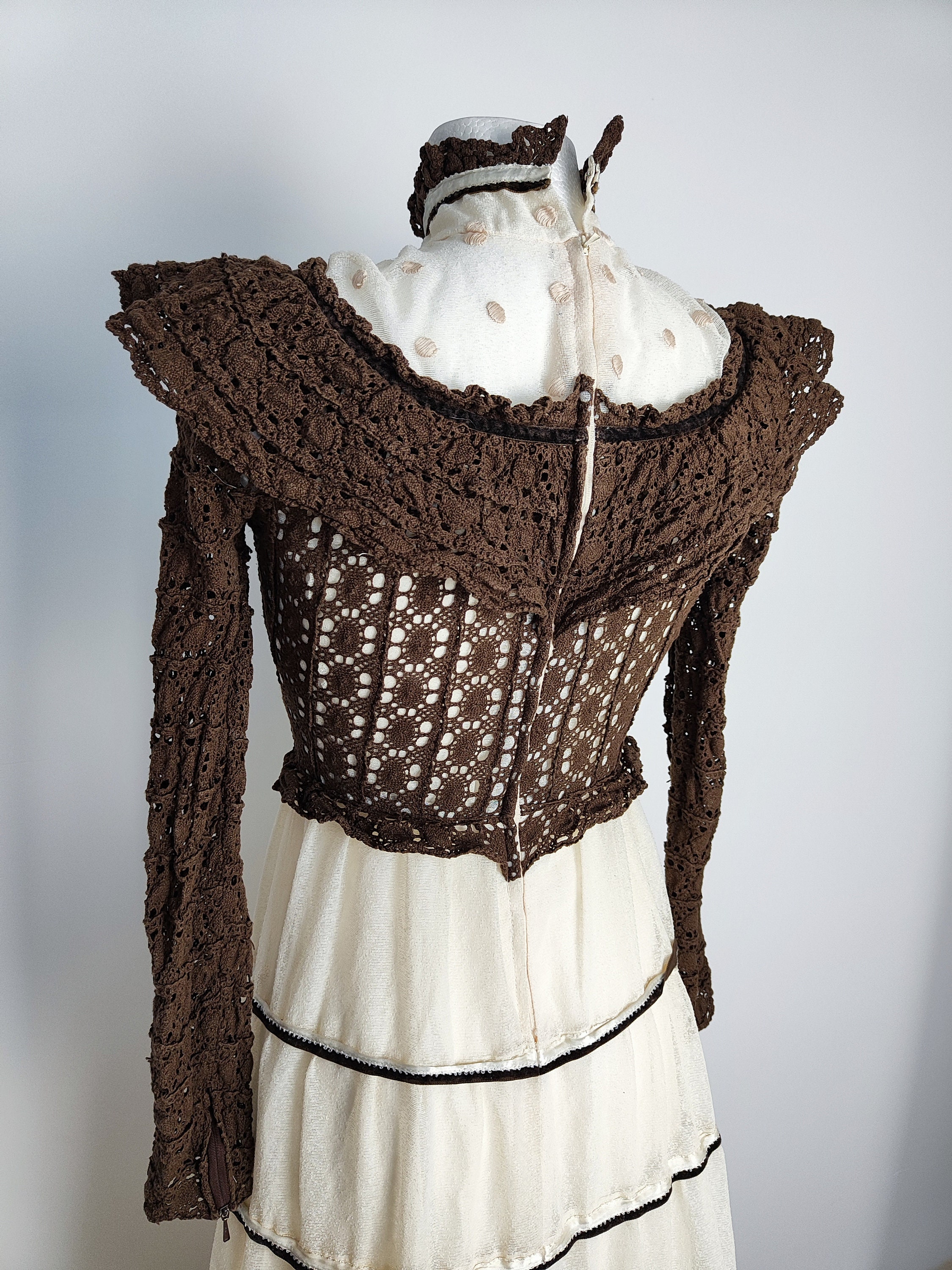 Vintage 70s Dress, Victorian, Brown, Cream, Frills, Prairie, Lace, Size ...