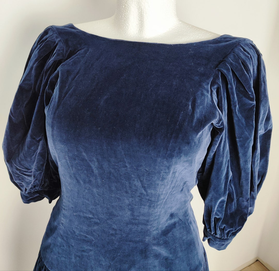 Vintage Velour 8os Navy Dress, Navy Blue, Handmade, Victorian Style ...