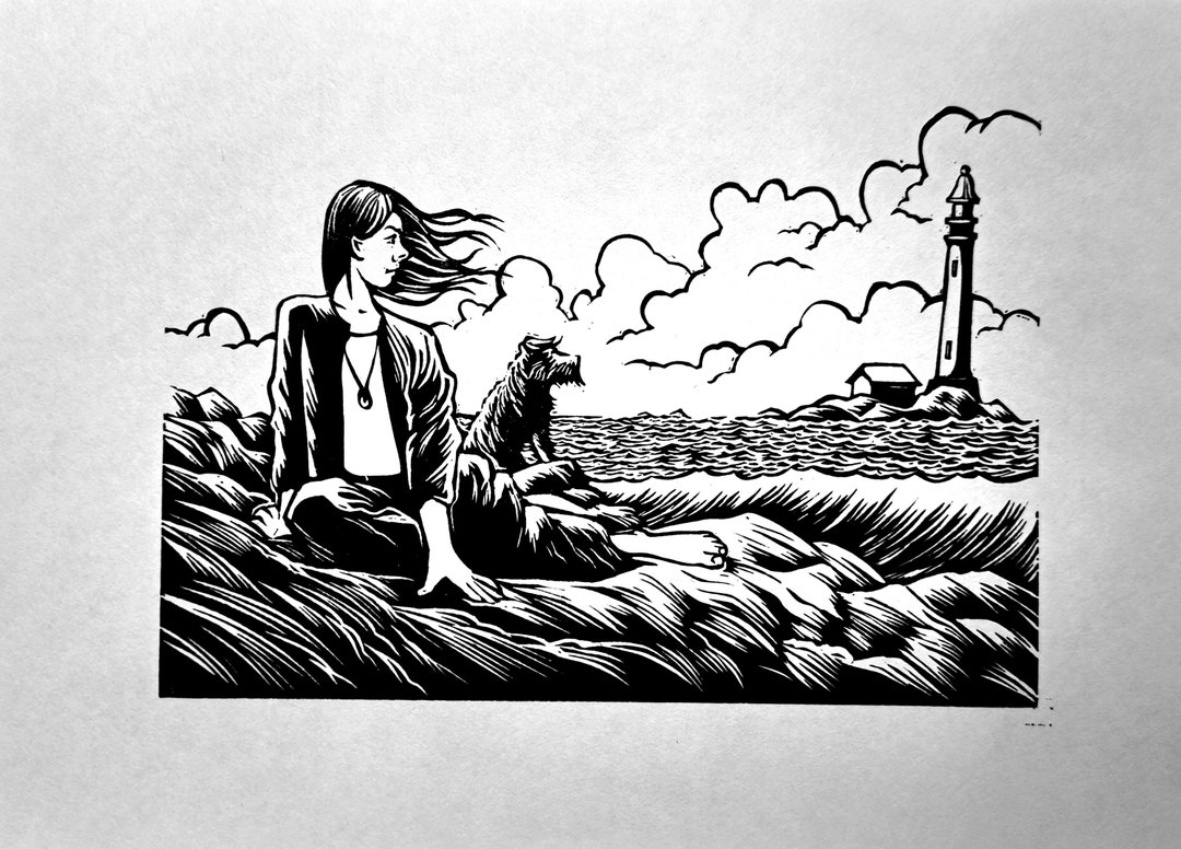 Lighthouse View, Handmade Linocut Print, Woman, Dog, Seaside Handmade ...