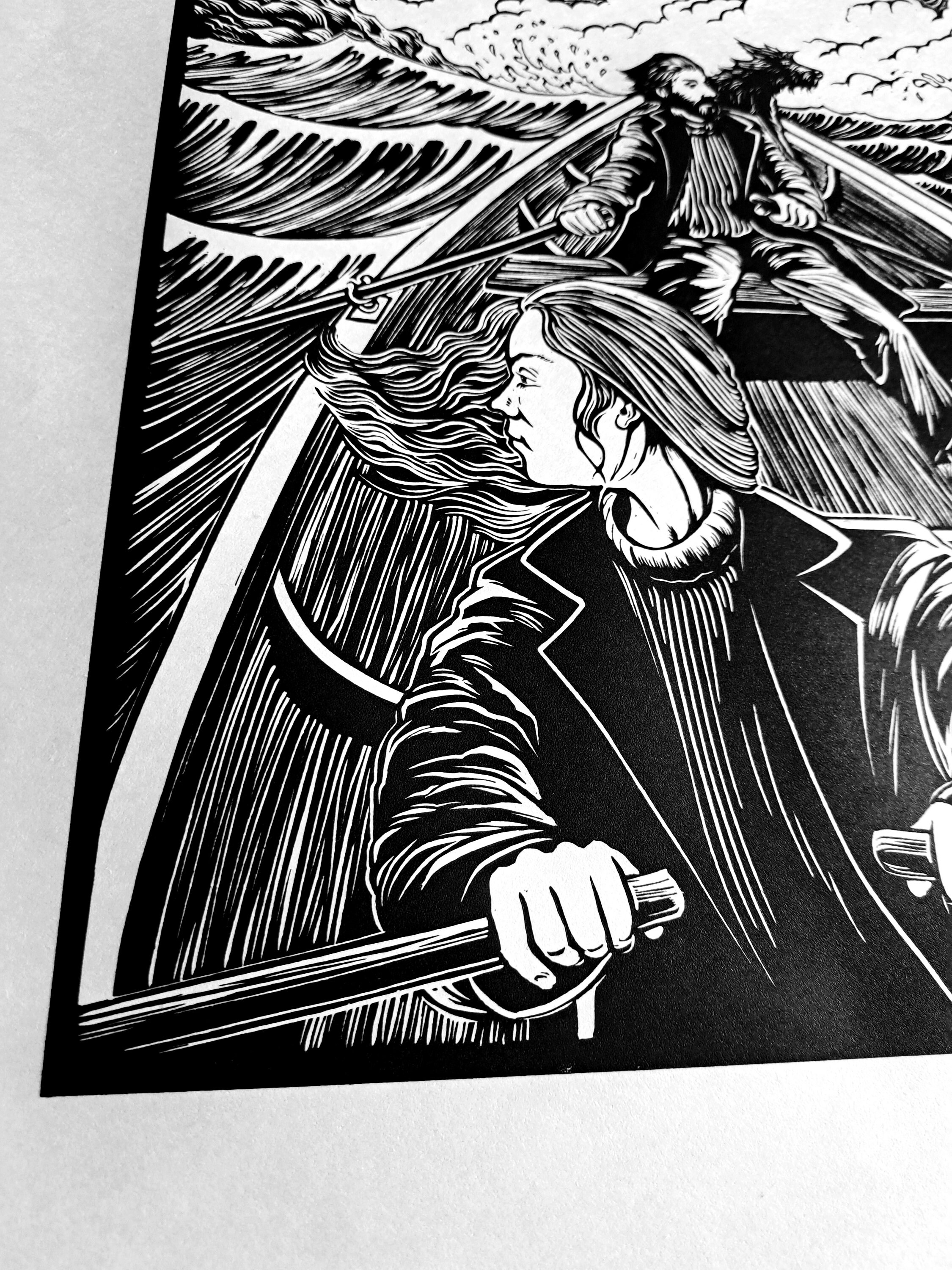 Out on the Waves, Linocut, Lino, Prints, Handmade, Black and White ...