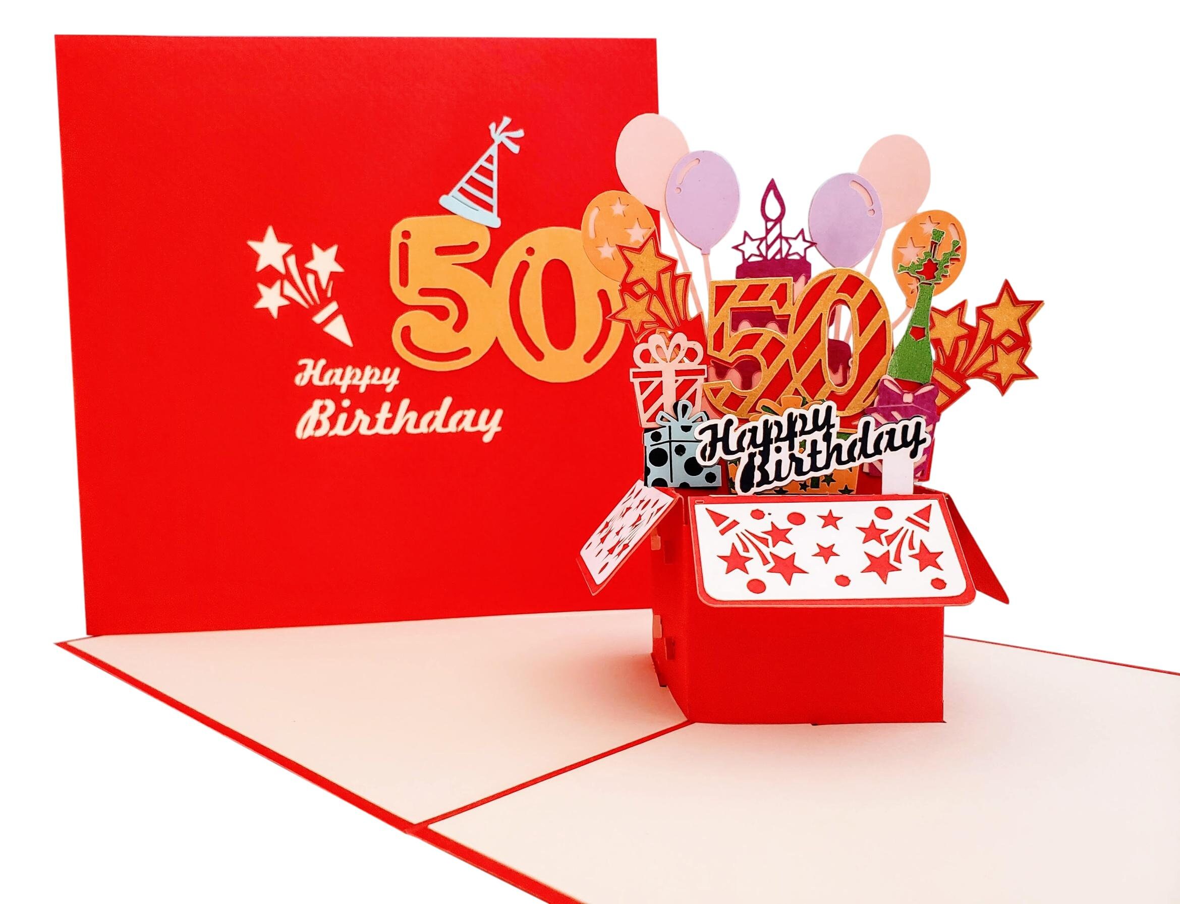 Happy 50th Birthday Red Party Box 3D Pop Up Greeting Card Etsy UK