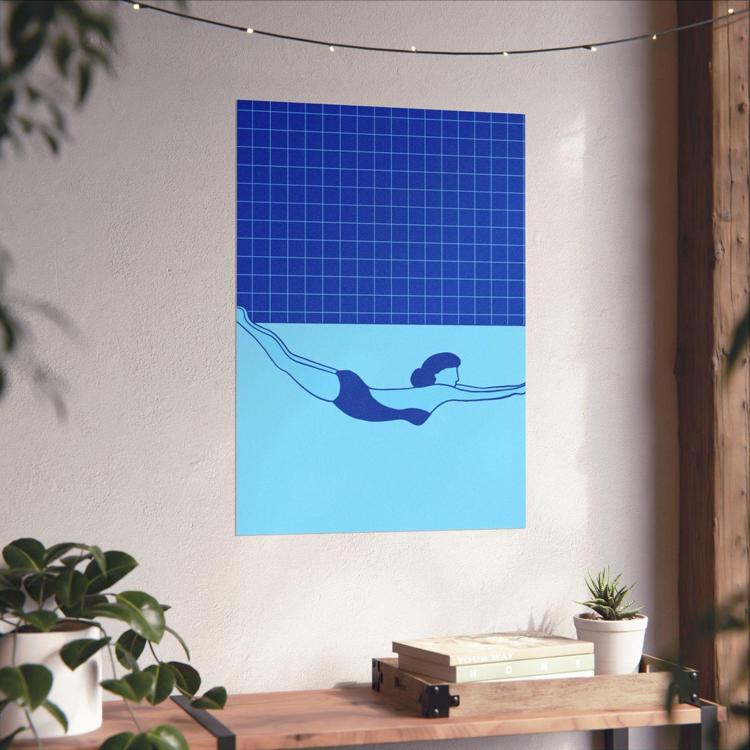 Minimalist Swim Art Print, Blue Poster for Aquatic Lovers, Modern Wall ...