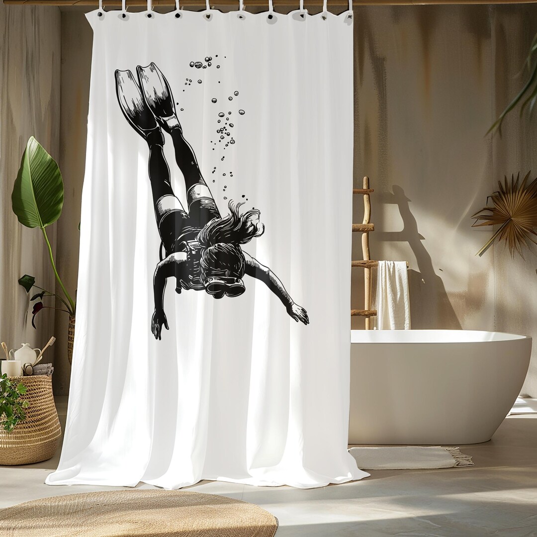 Scuba Diver Shower Curtain | Ocean Theme Bathroom Decor - Etsy
