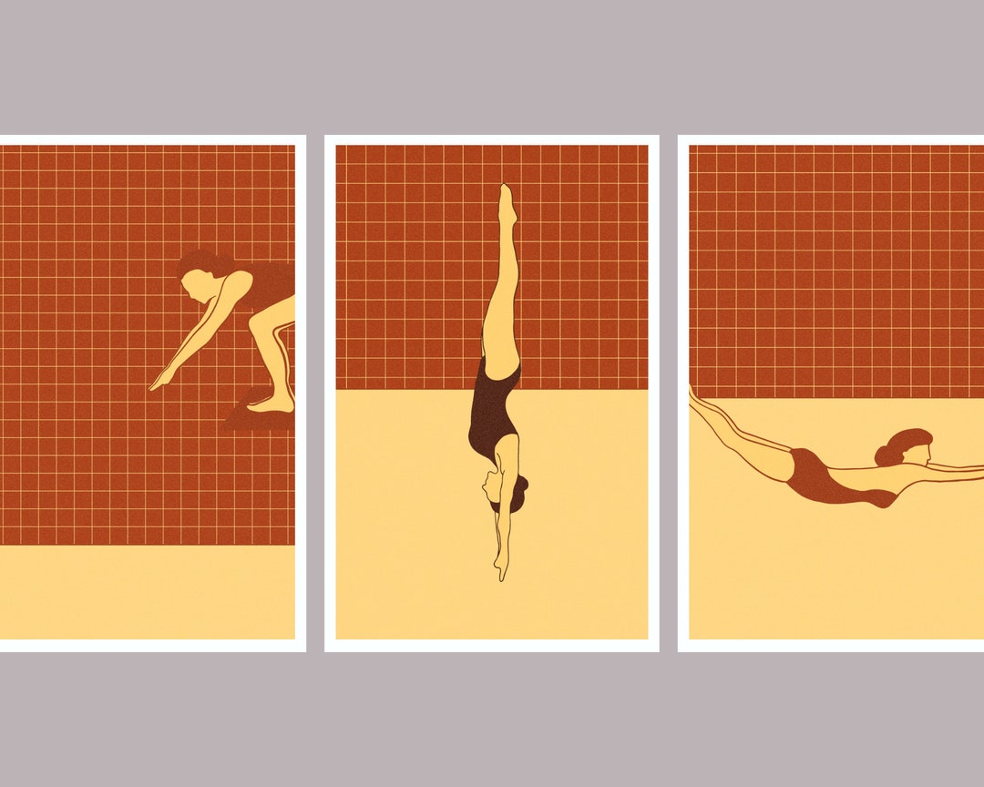 Set of 3 Swimmer Posters, Swimming Art Prints, Swimming Girl Jumping in ...