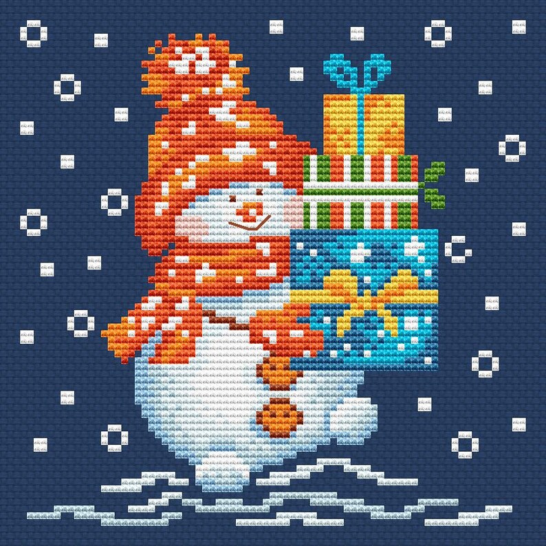 Snowman Cross Stitch Pattern Christmas Gift Chart Snowflakes Festive ...
