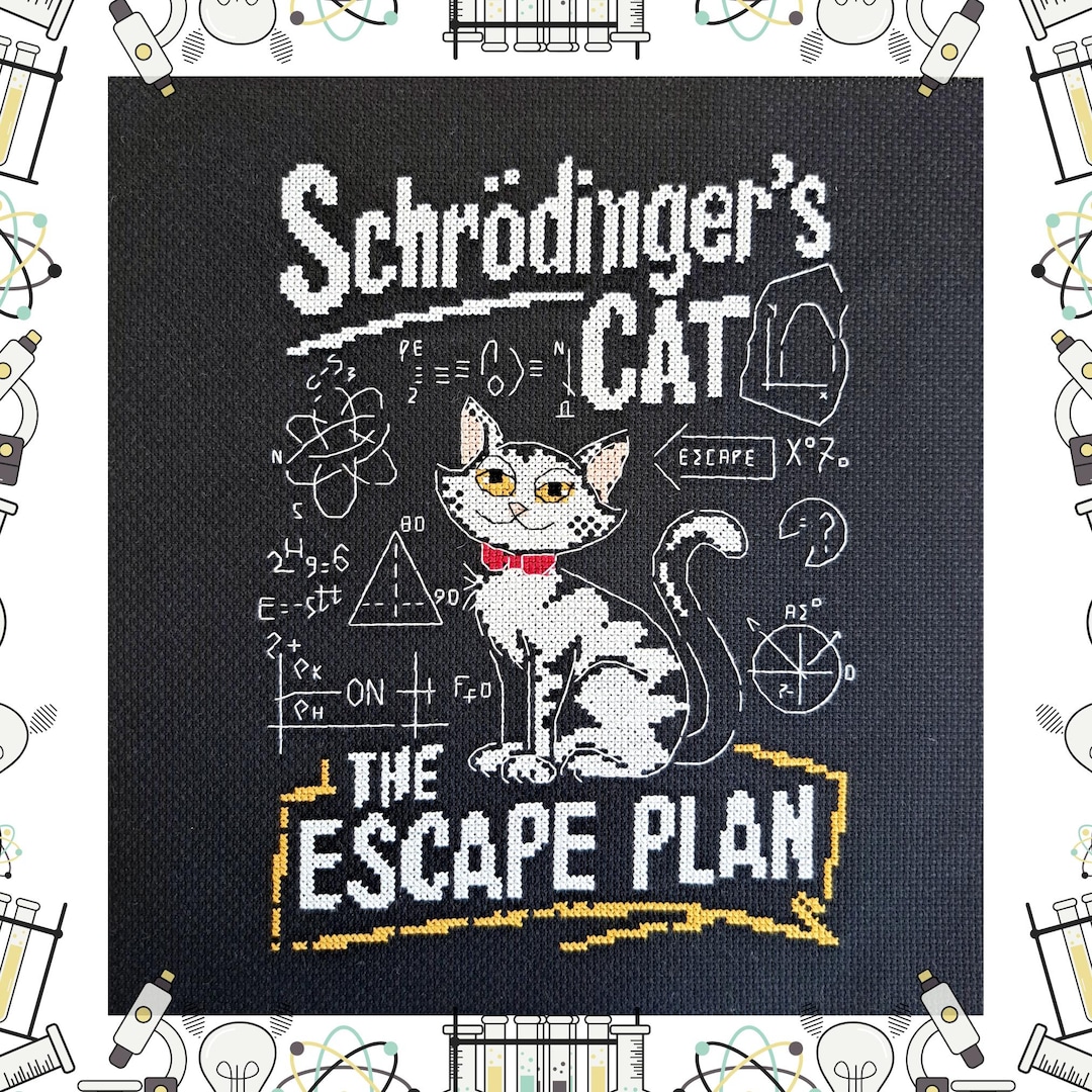 Schrodinger's Cat Cross Stitch Pattern - Escape Plan - Science Sampler Card - Physics Formula ...