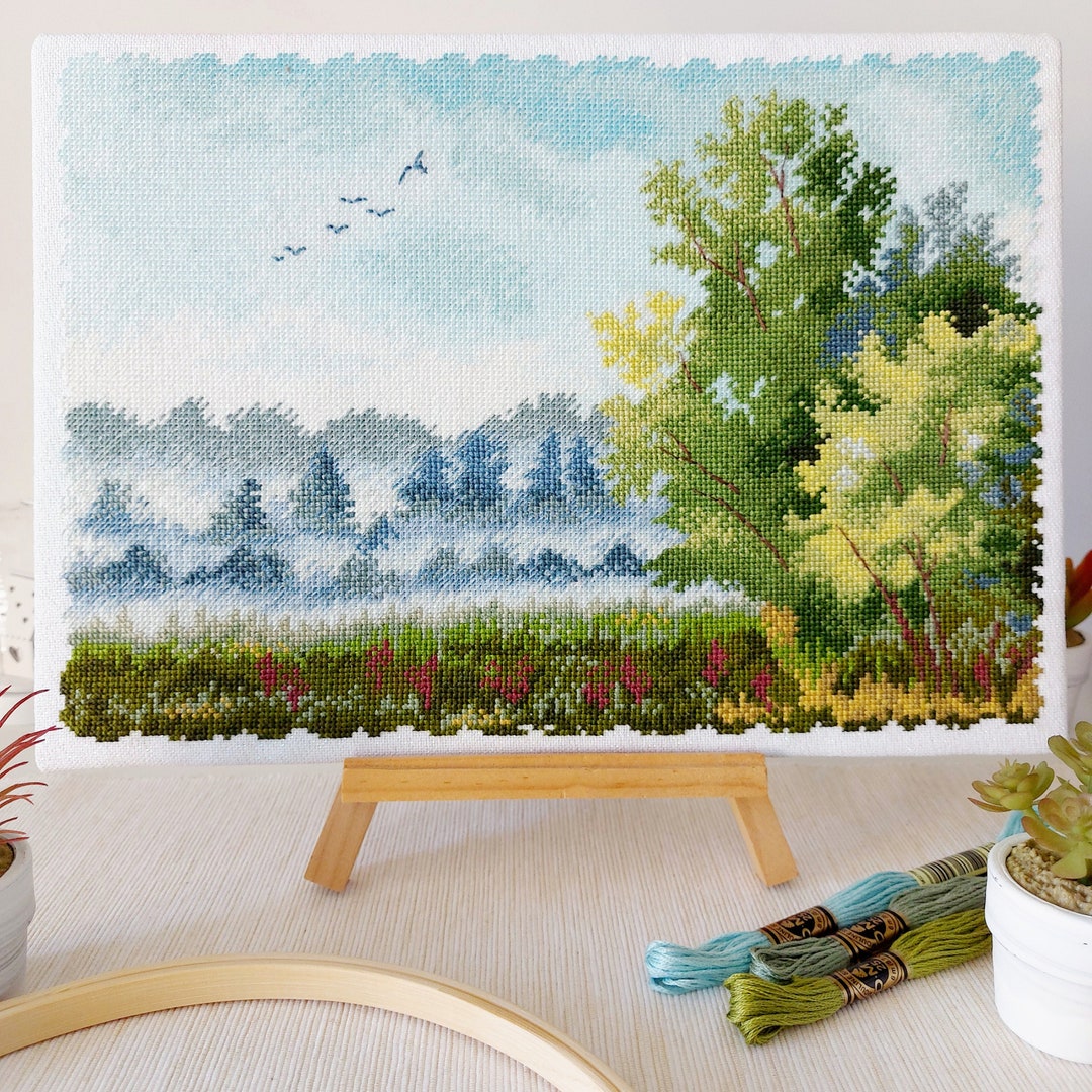 Fog Cross Stitch Pattern - Nature Tree Field Sky Cross Stitch Design ...