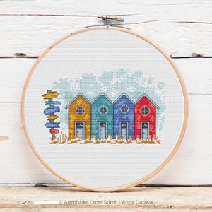 Summer on the Beach Cross Stitch Pattern - Beach Cabin Hut Surfer Sea ...