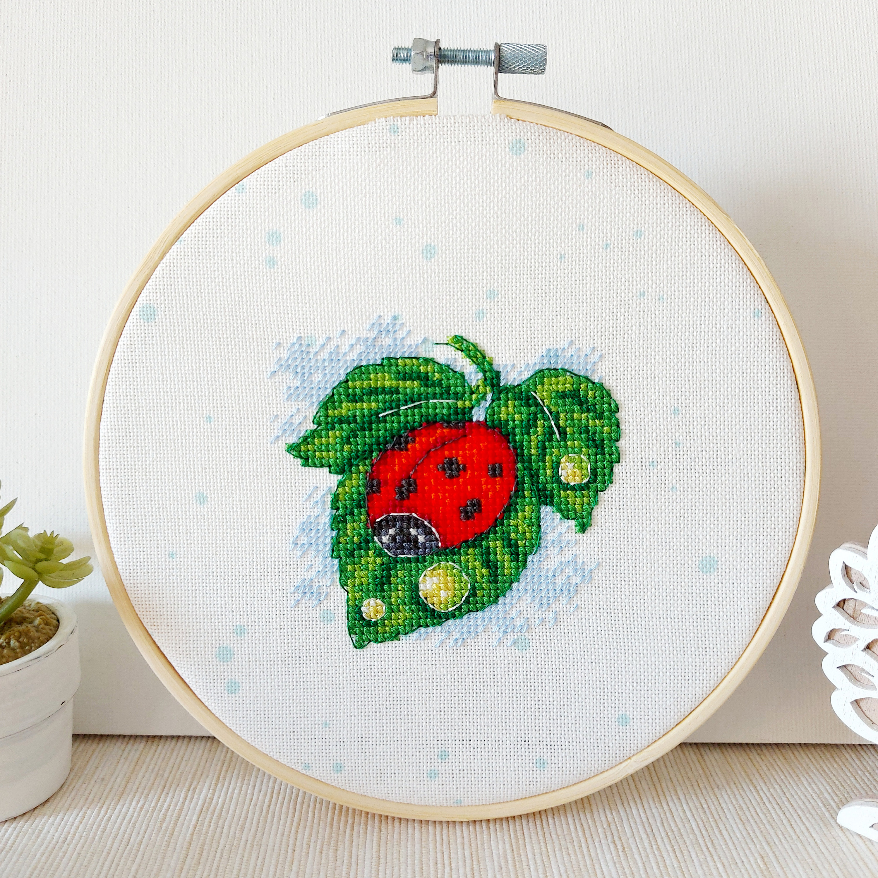 Lucky Ladybug Cross Stitch Pattern - Ladybug on the Leaves Chart - Kids ...