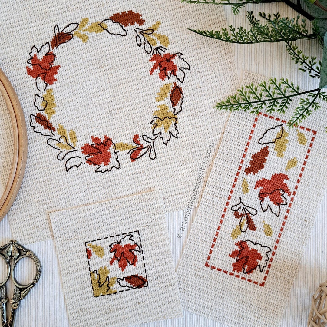 Set of 3 Fall Leaf Cross Stitch Patterns - Fall Autumn Wreath, Bookmark ...