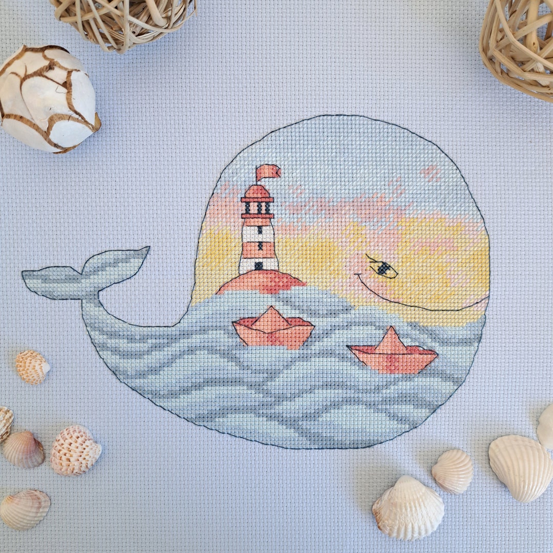 Whale Cross Stitch Pattern - Lighthouse - Sea Nautical Life - Sky Cross ...