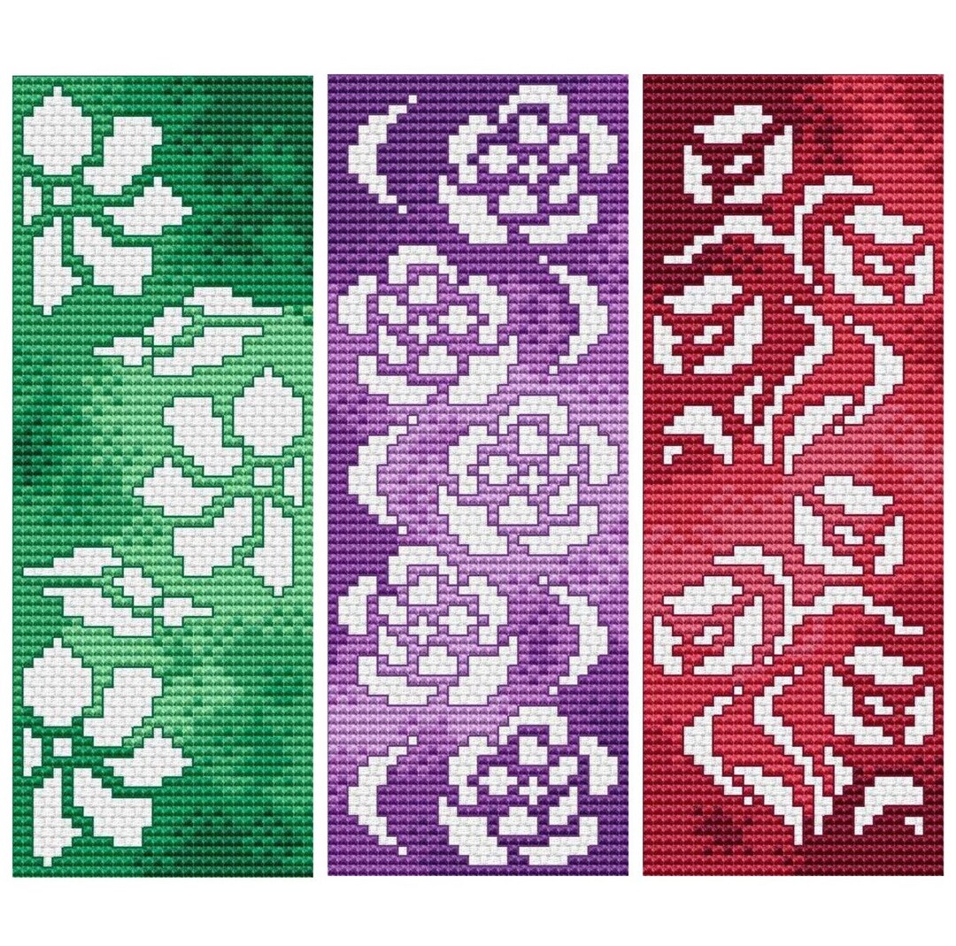 Set of 3 Cross Stitch Bookmark Pattern in Assisi Style - Floral Motifs ...