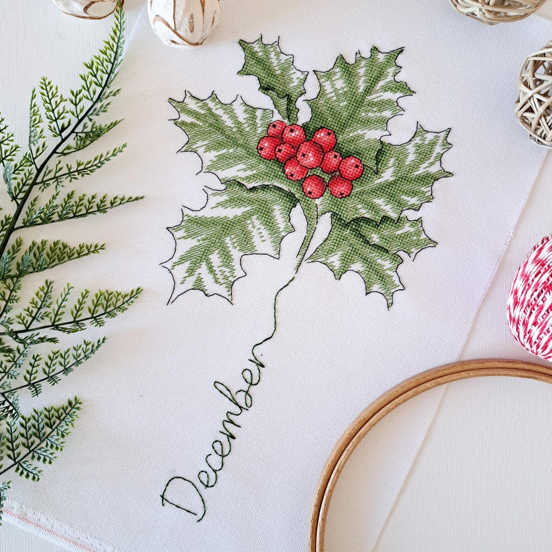 Holly December Birth Month Flower Cross Stitch Pattern - Christmas ...