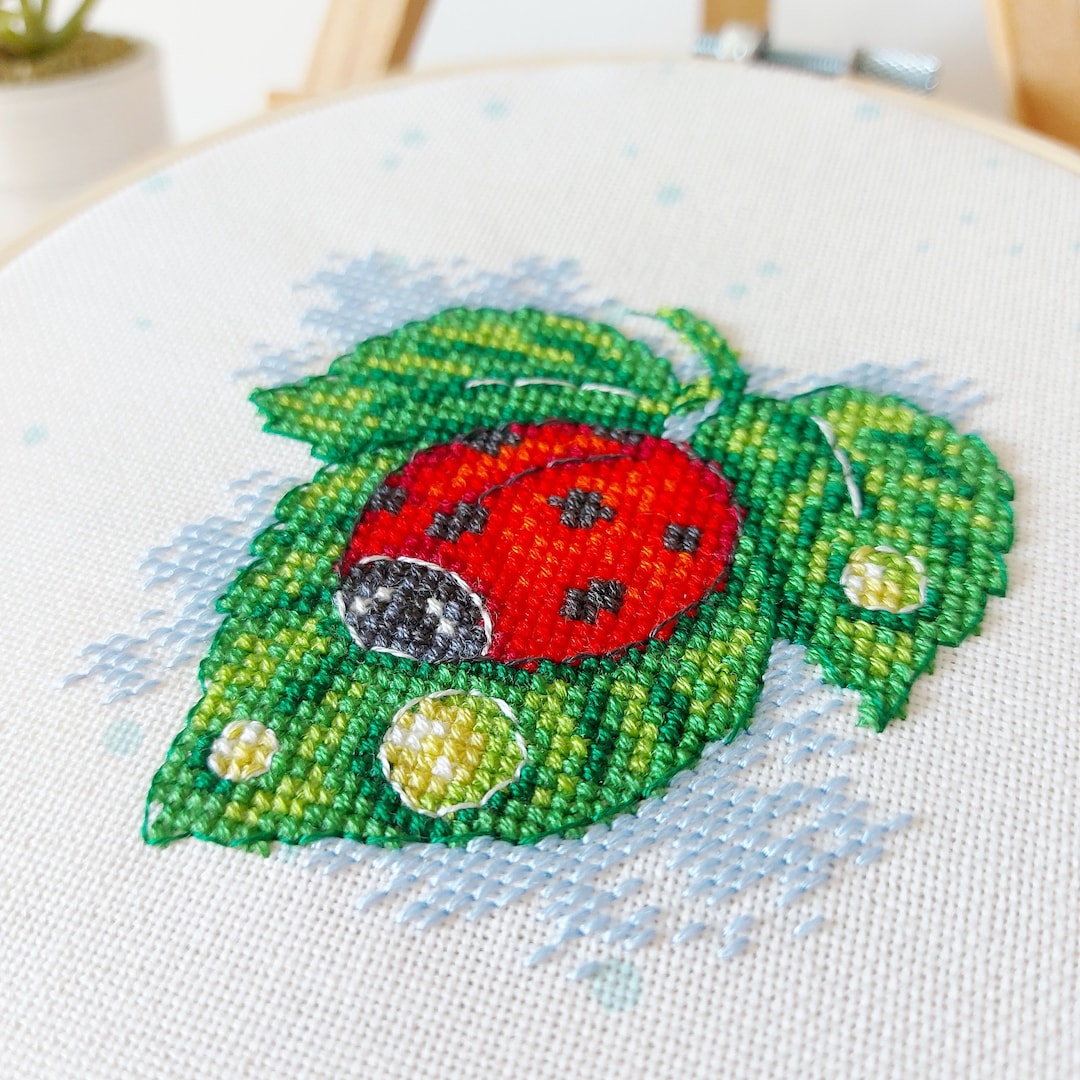 Lucky Ladybug Cross Stitch Pattern - Ladybug on the Leaves Chart - Kids ...