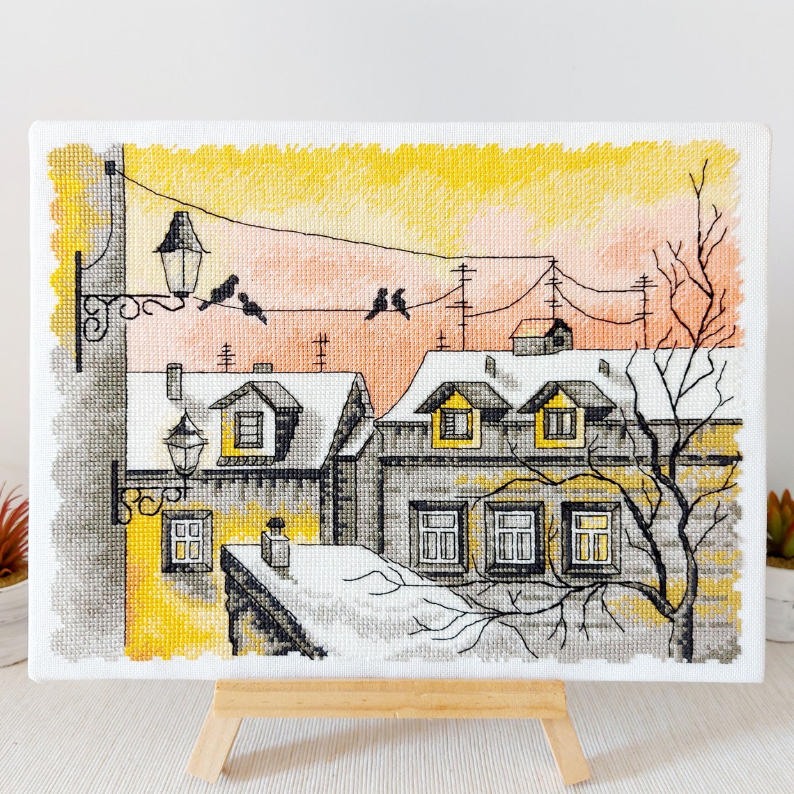 City Watercolor Stylish Cross Stitch Pattern With Charming Town Houses ...