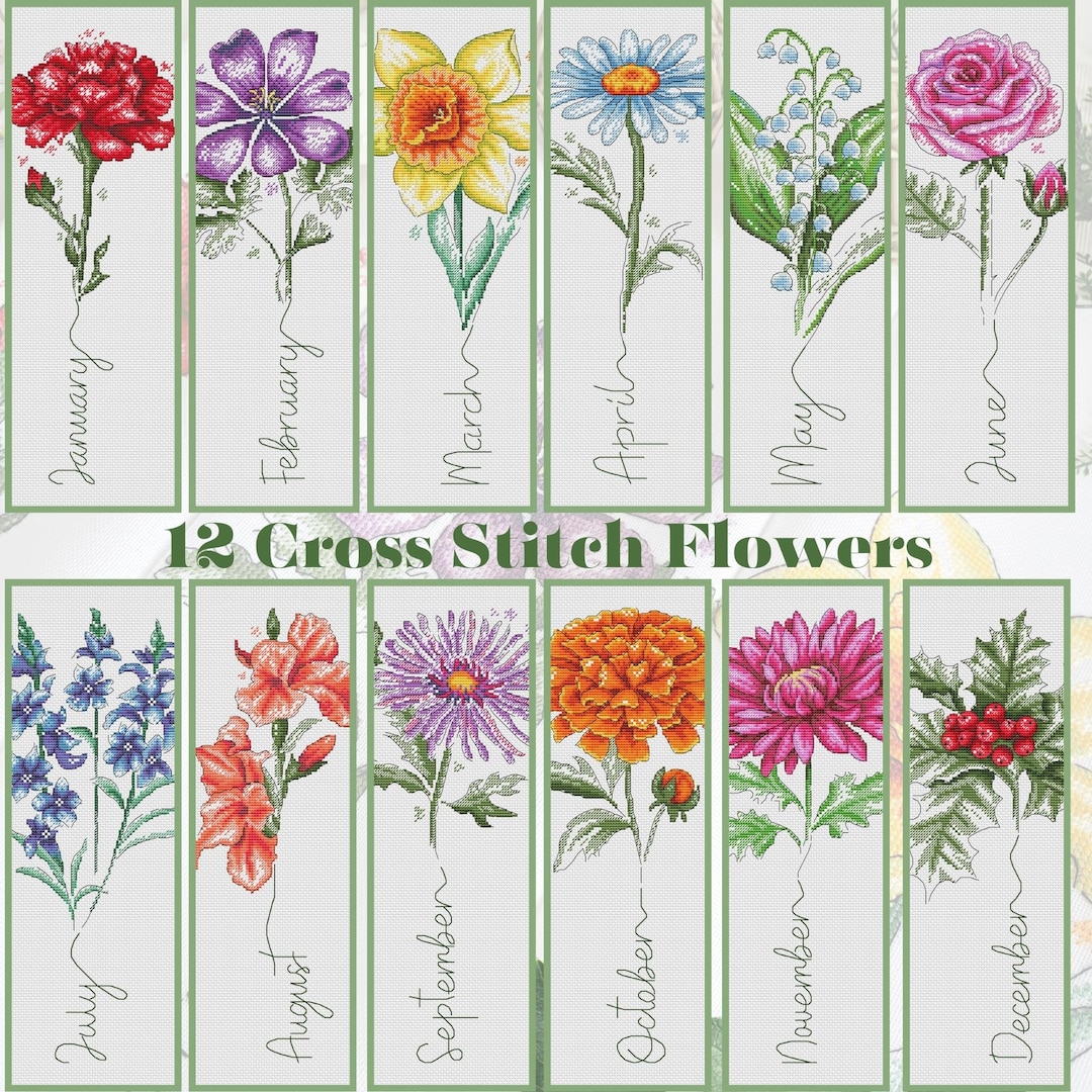 Set of 12 Birth Month Flowers Cross Stitch Patterns Bundle - Alphabet ...