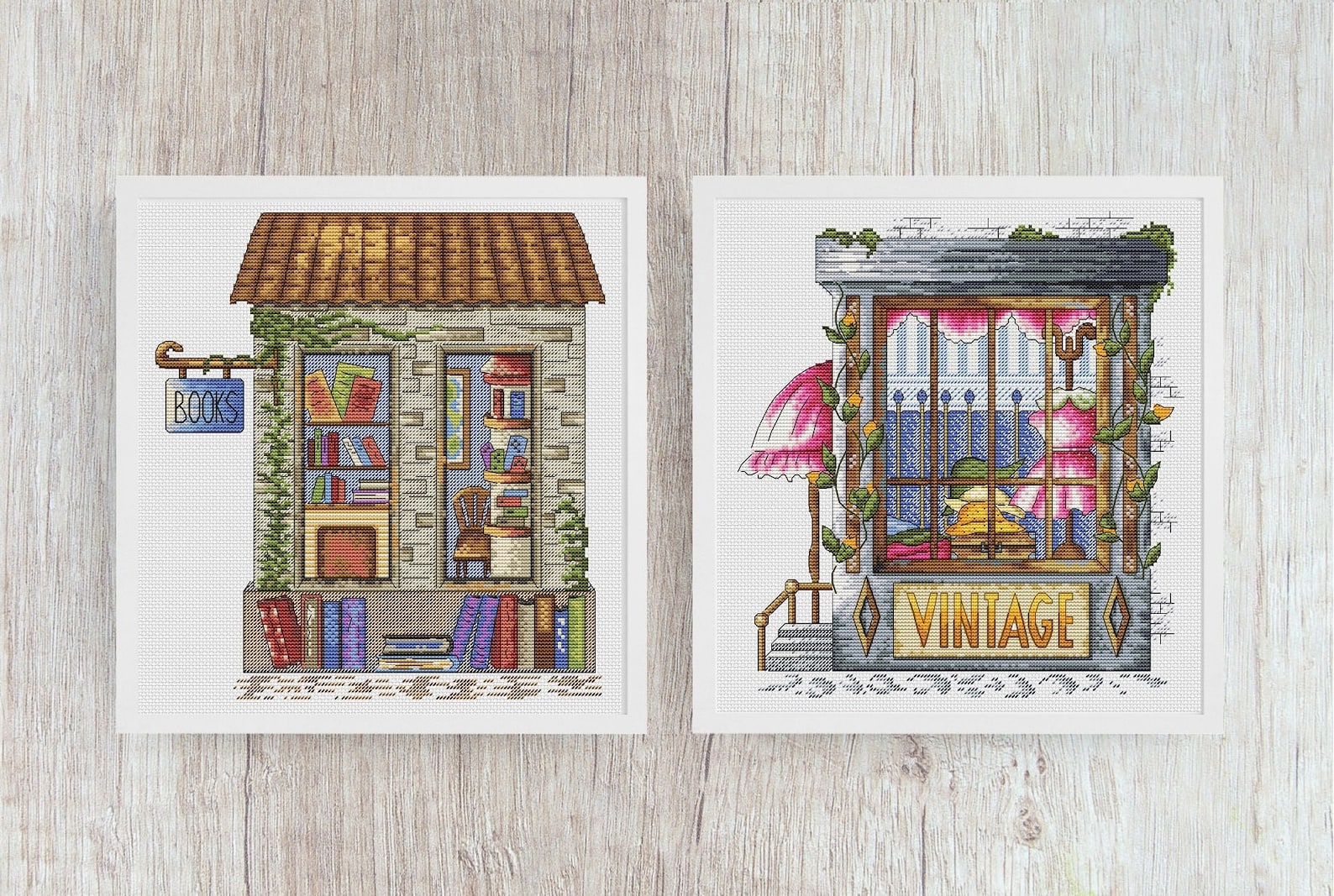 Set of 2 Cross Stitch Patterns Shop Windows Book Store & - Etsy