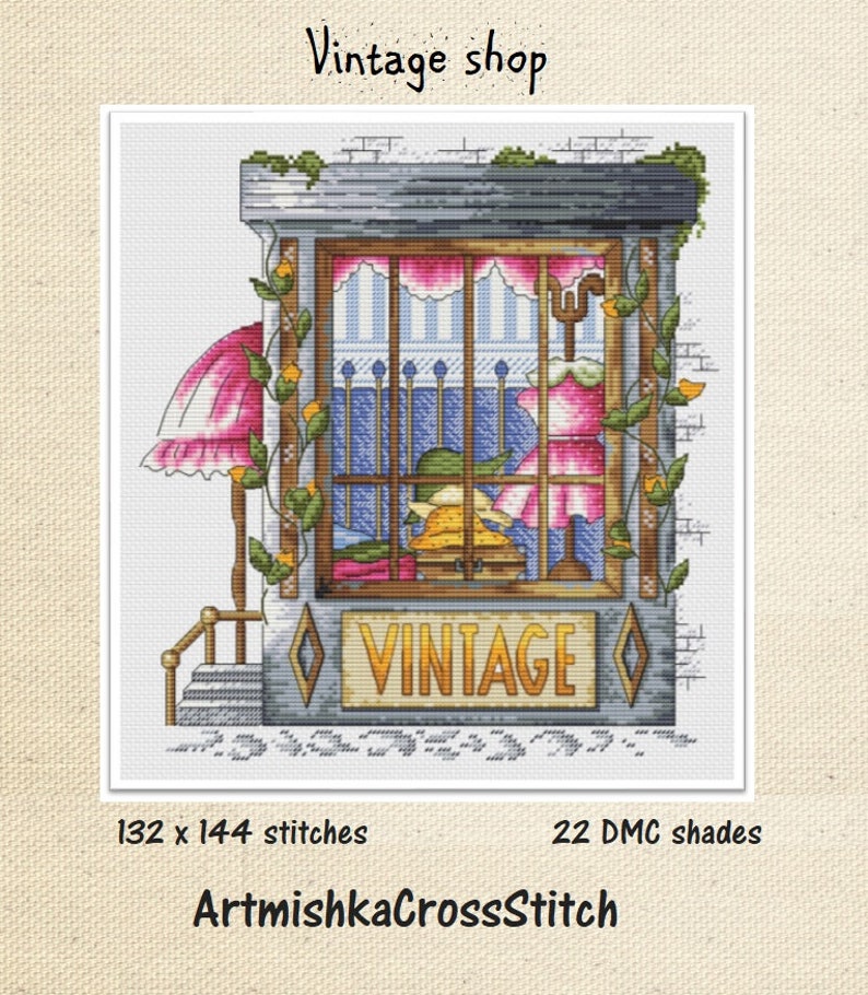VINTAGE SHOP Counted Cross Stitch Pattern With a Charming Shop Window ...