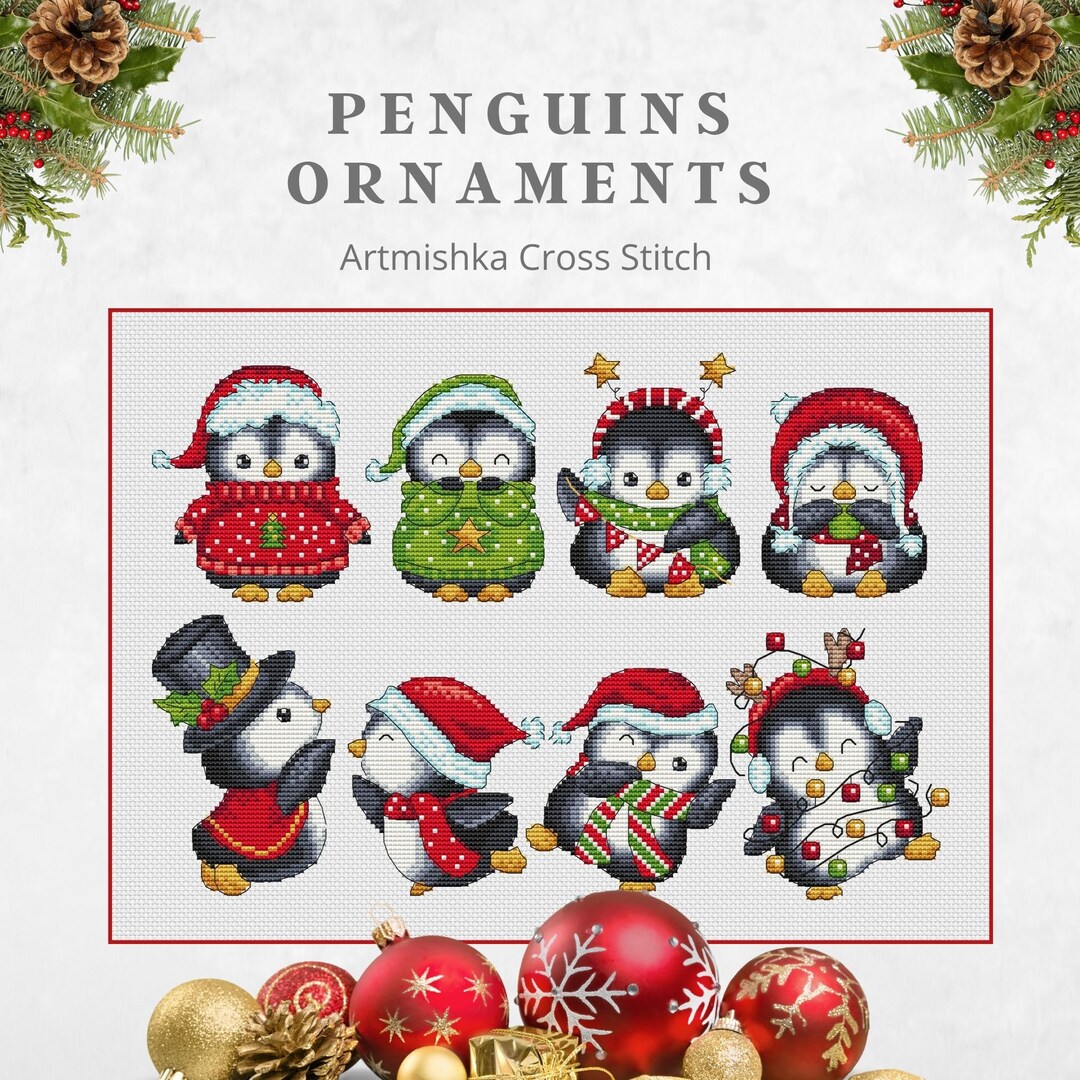 Penguins Cross Stitch Pattern - Set of 8 Christmas Cross Stitch ...