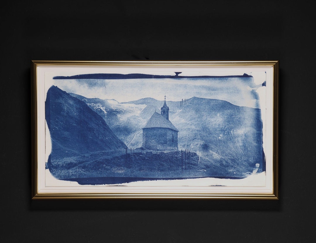Mountain Landscape With Chapel Blue Print on Cardboard - Etsy