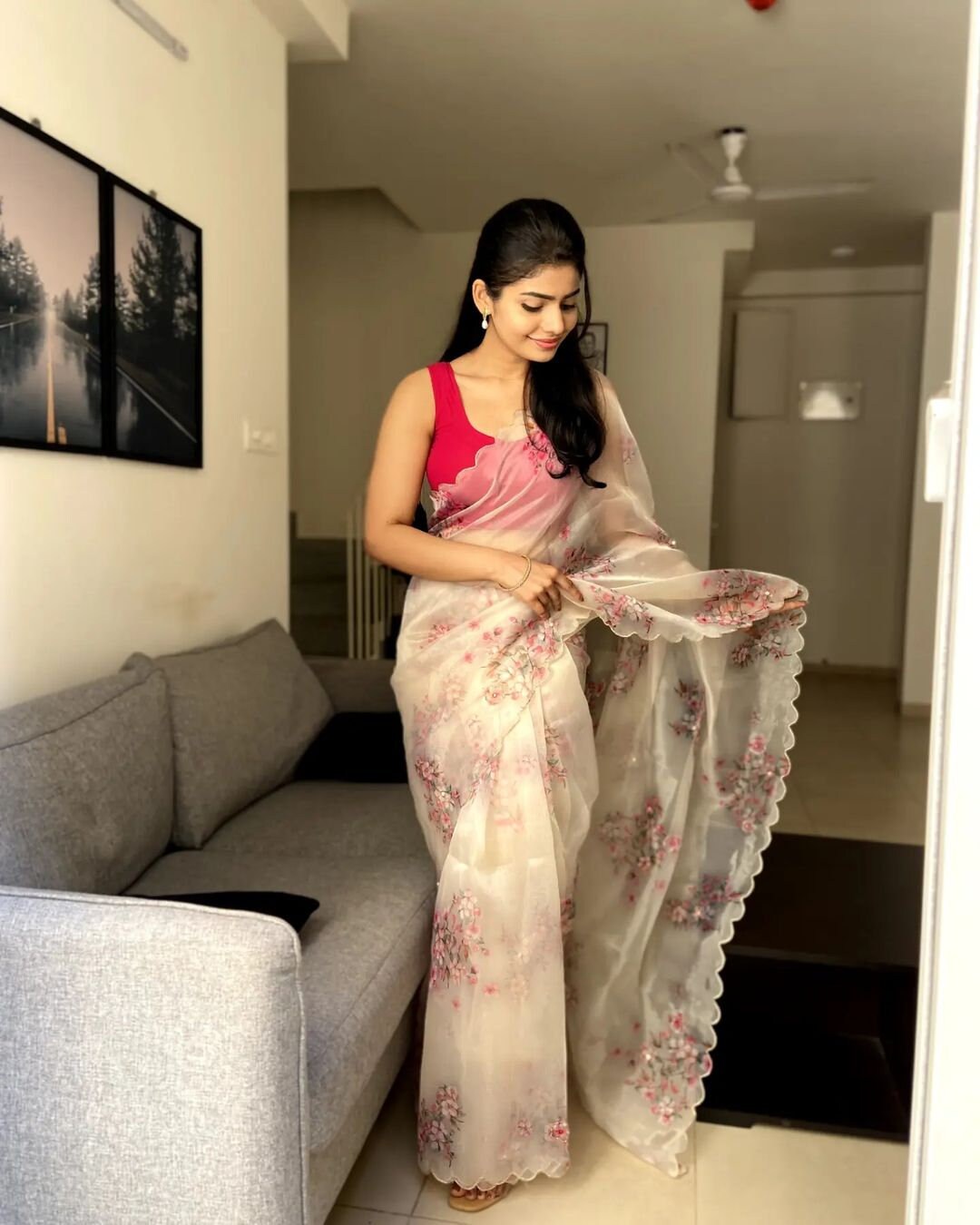 Off White Pure Crystal Organza Saree With All Over Floral Prints and ...