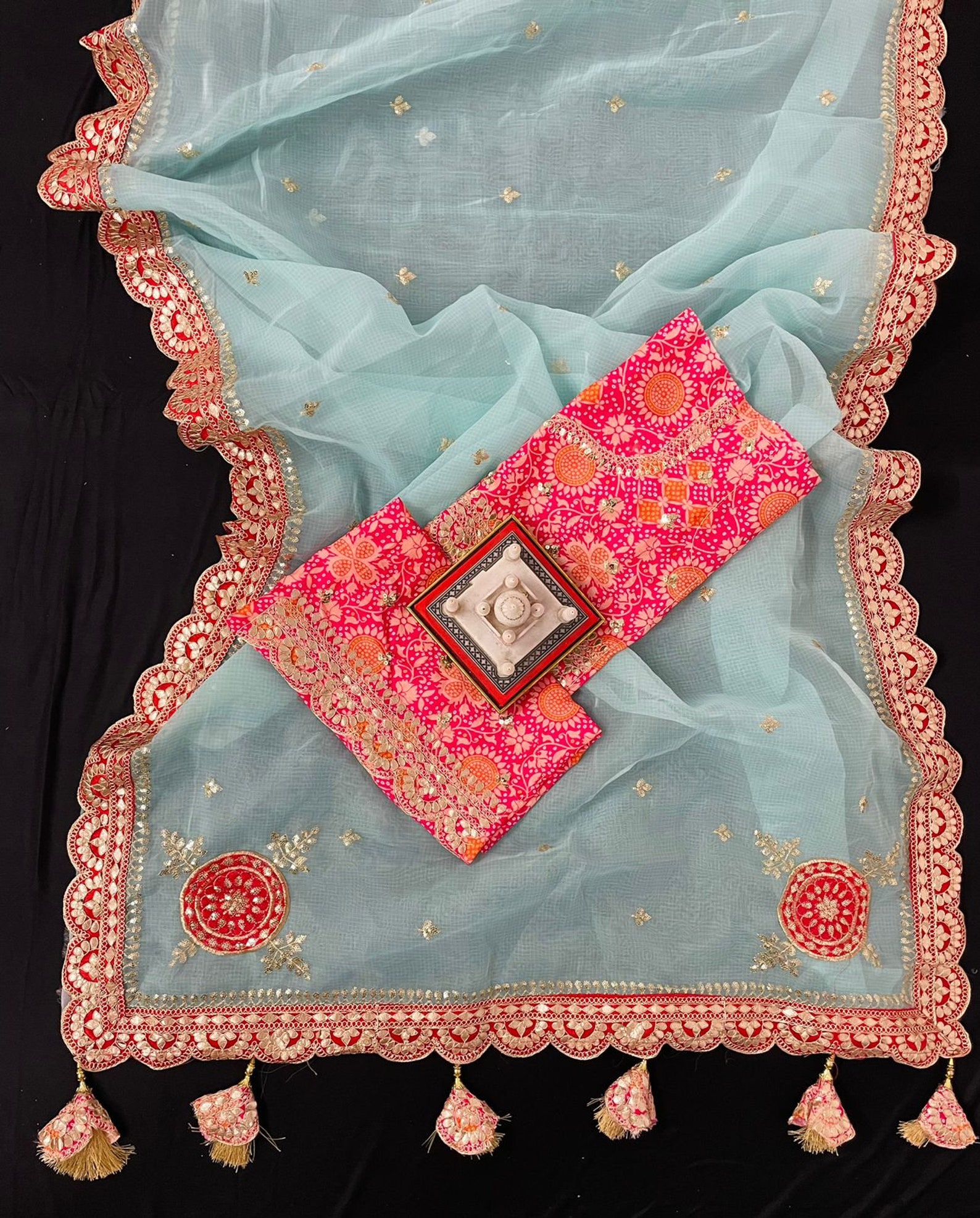 Sky Color Pure Crystal Organza Saree All Over Floral Work - Etsy