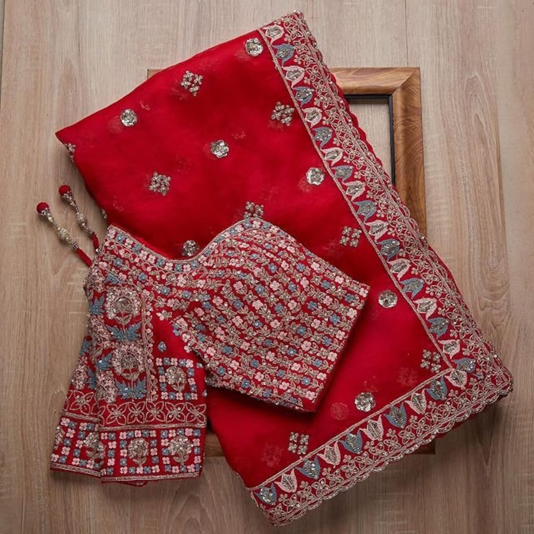 Red Color Beautiful Georgette Saree, Embroidery Work Saree, Party Wear ...