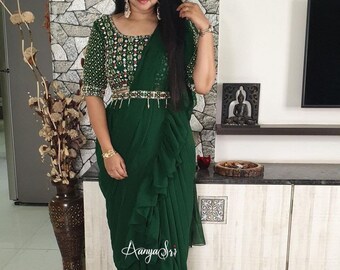 Sage Green Ruffle Saree Pre-stitched 1 Min Ready-to-wear - Etsy