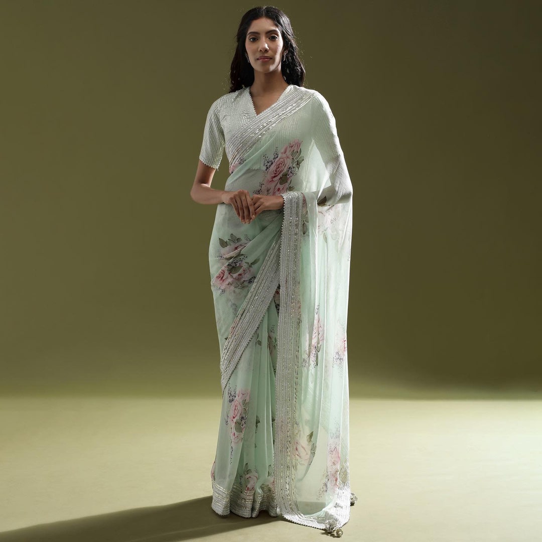 Pista Color Florel Digital Print Pyor Georgette Printed Saree With ...